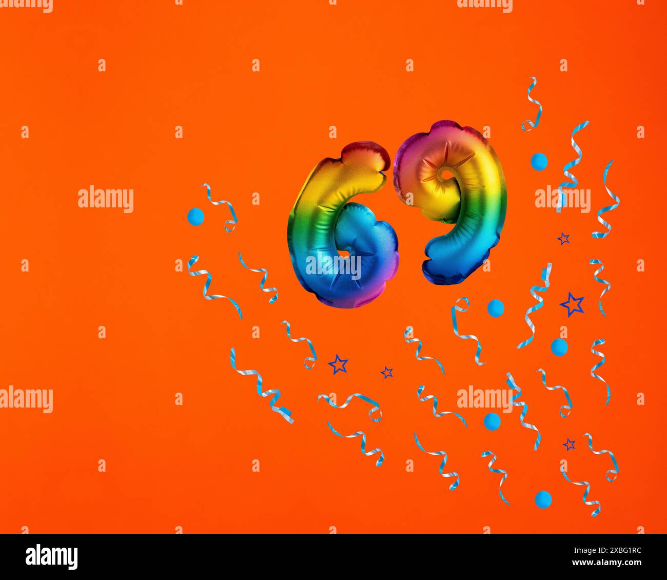 Confetti explosion with number 69 balloon - Celebration on orange ...