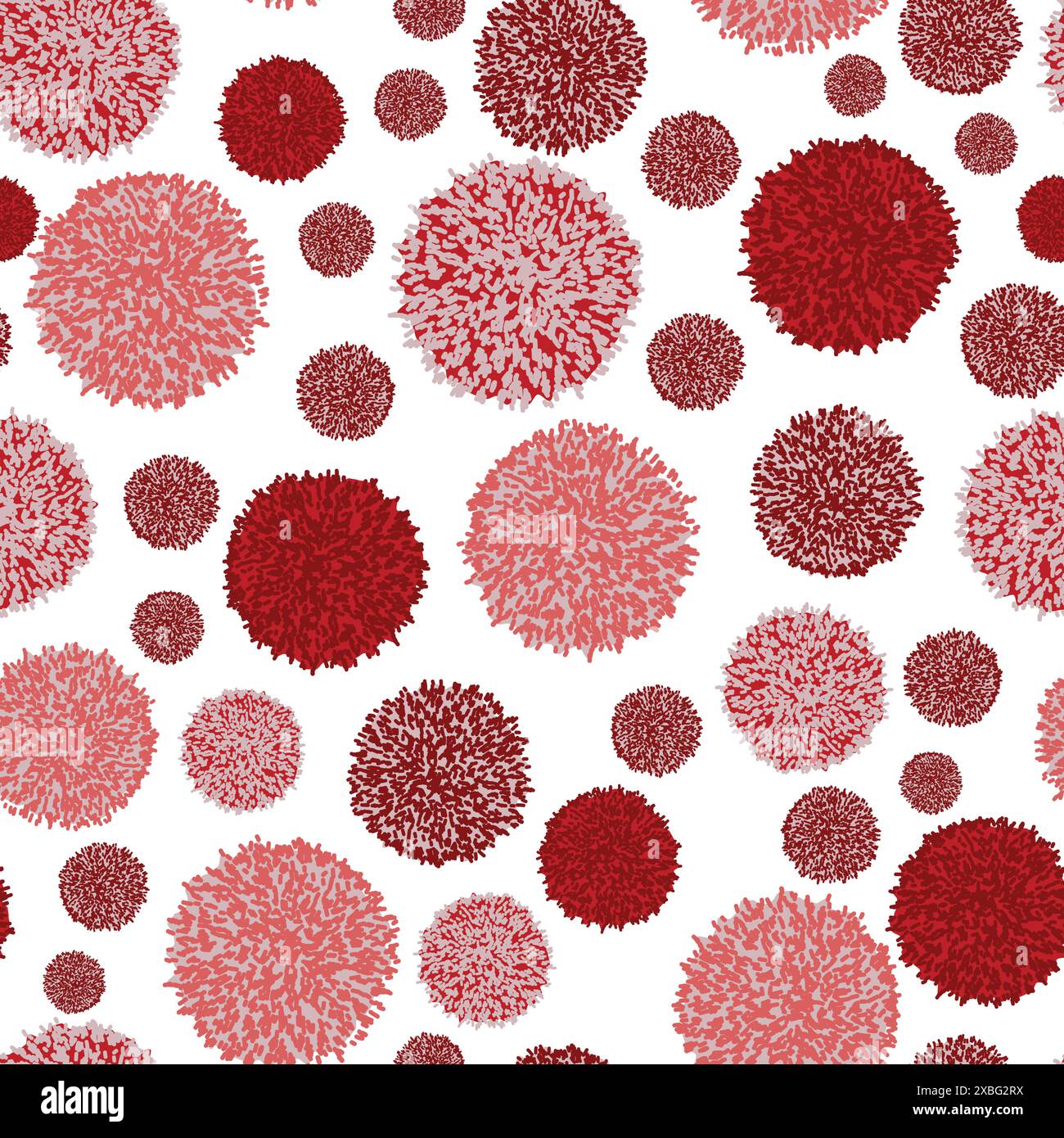 Vector seamless repeating pattern with red and pink pompoms polka dot on a a white background ...