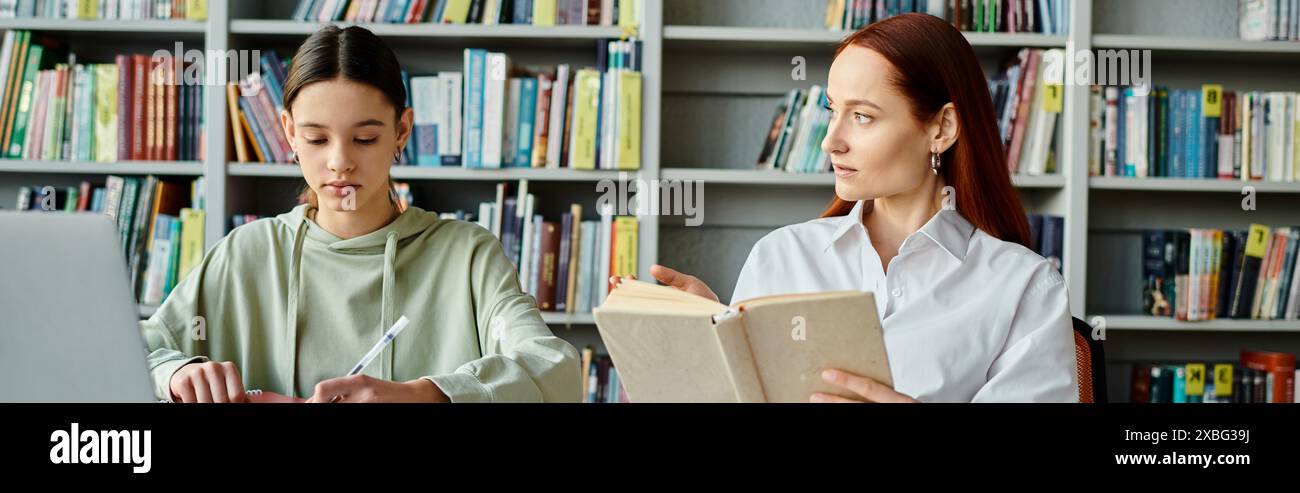 A tutor with red hair teaches a teenage girl in a library among tall ...