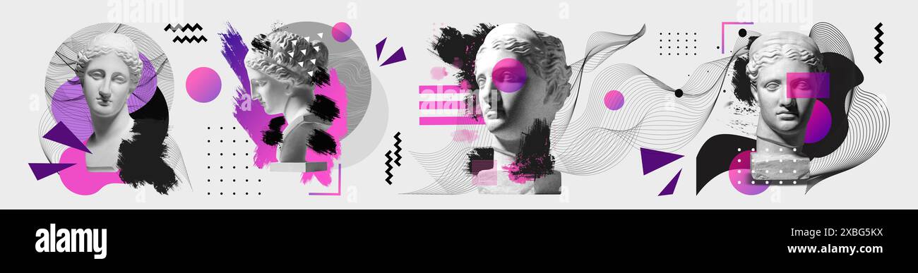 Contemporary art collage. Antique statues heads, monuments in surreal ...