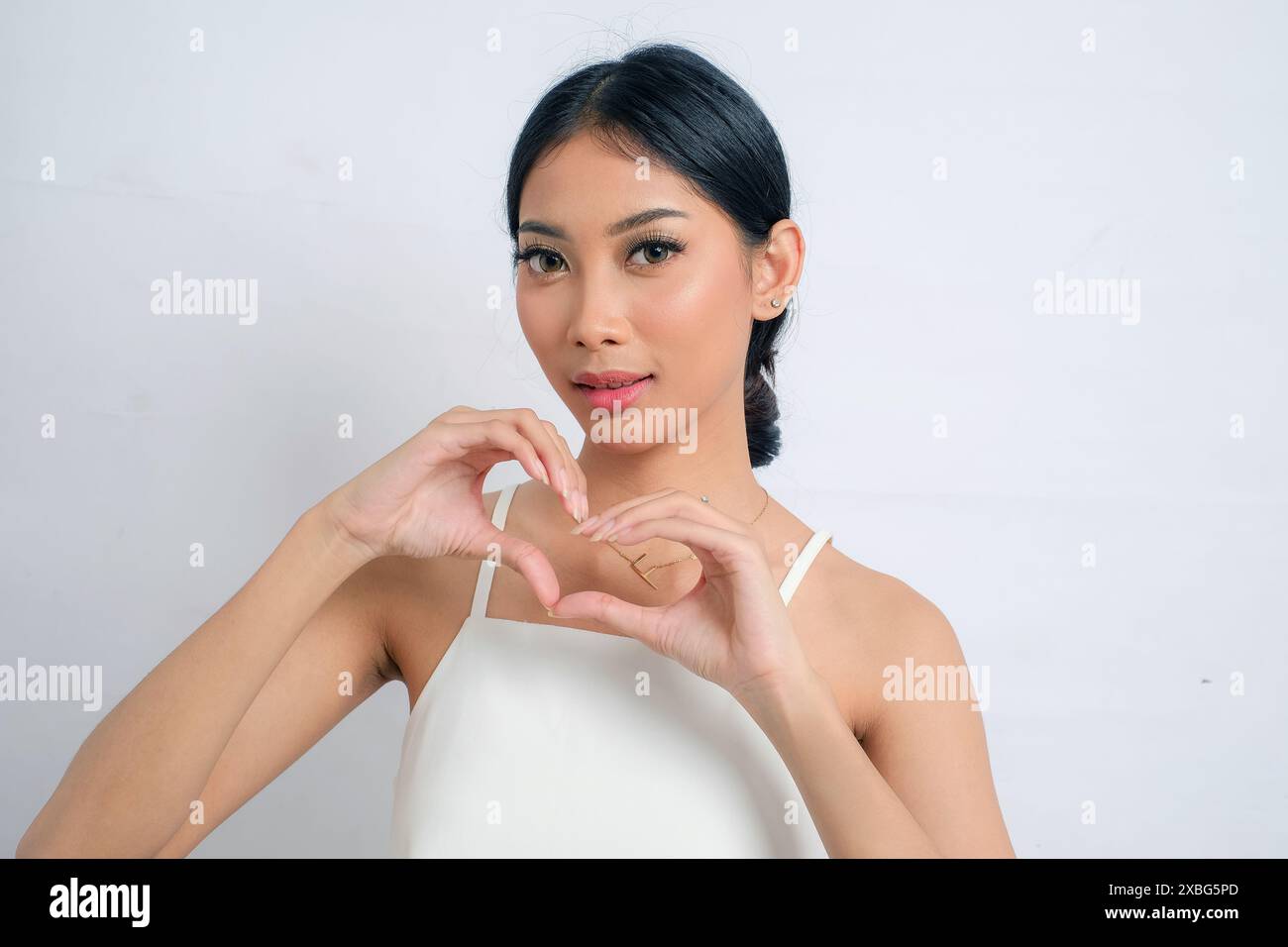 Beauty Women Asian Displaying Love Sign in White Dress for Valentines ...