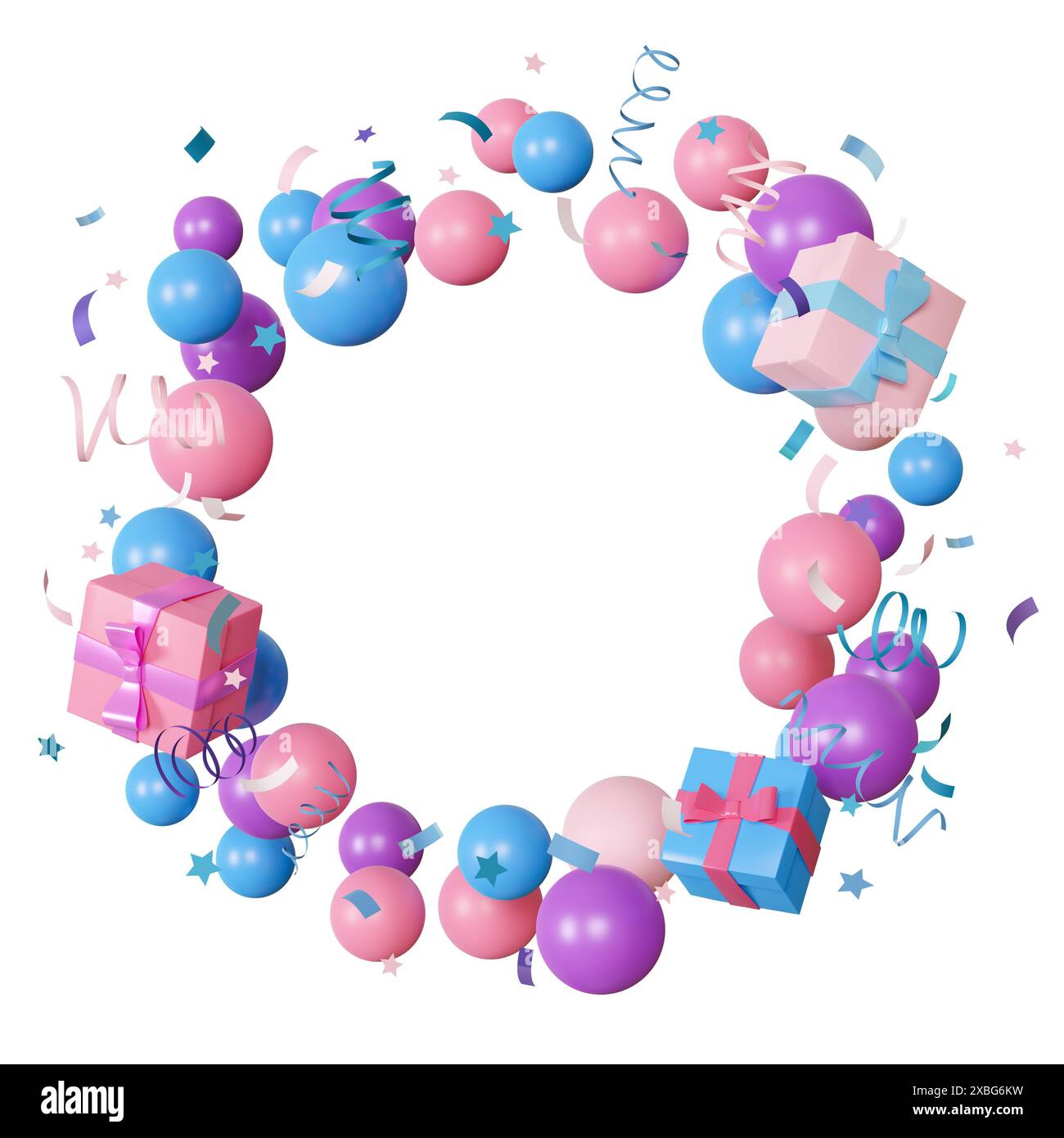 Pastel colored round frame made of colorful balloons, presents, ribbons ...