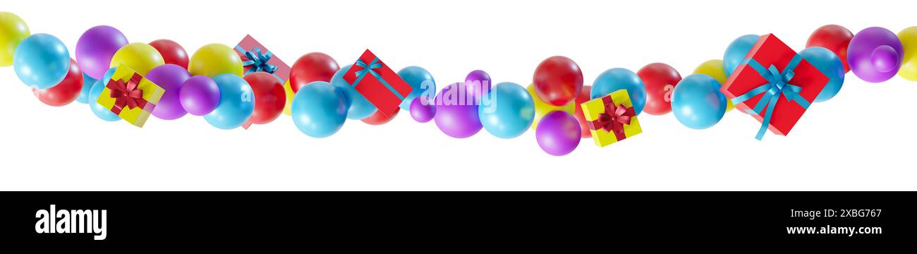 Vibrant, colorful balloons and presents garland isolated on white ...