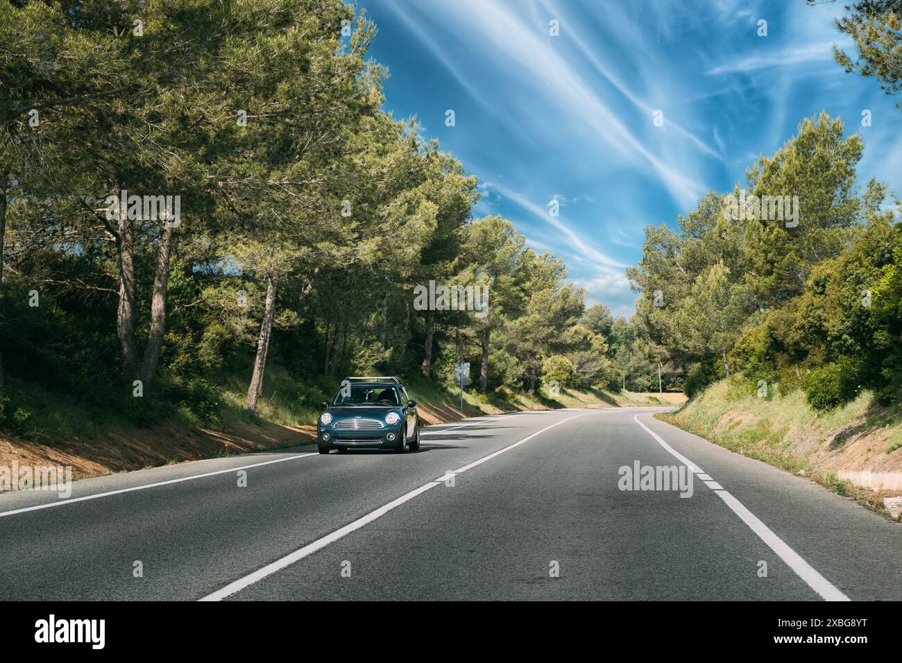Blue Colour Mini Hatch Second generation (R56) Driving In Motorway Road ...