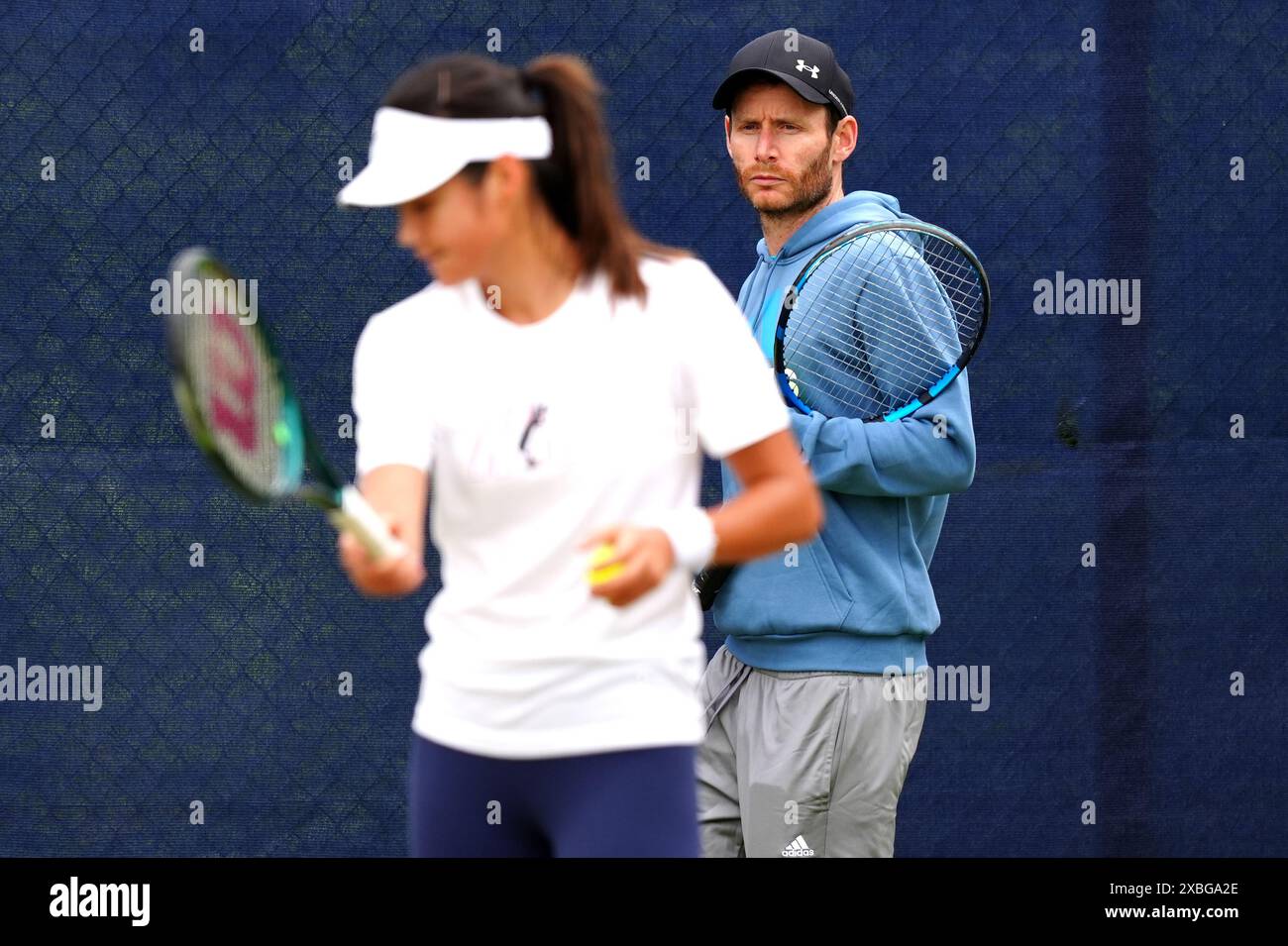 Emma Raducanu (left) with tennis coach Nick Cavaday during a practice ...