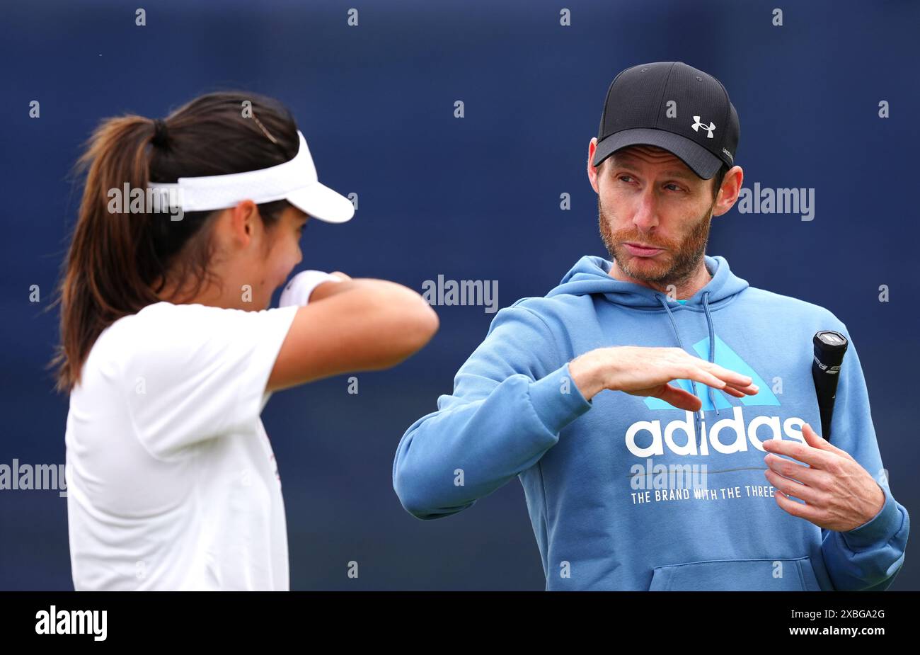 Emma Raducanu (left) with tennis coach Nick Cavaday during a practice ...