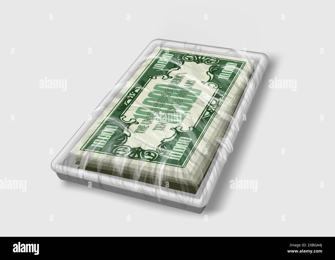 money in a supermarket shrinkwrap package on grey background Stock ...
