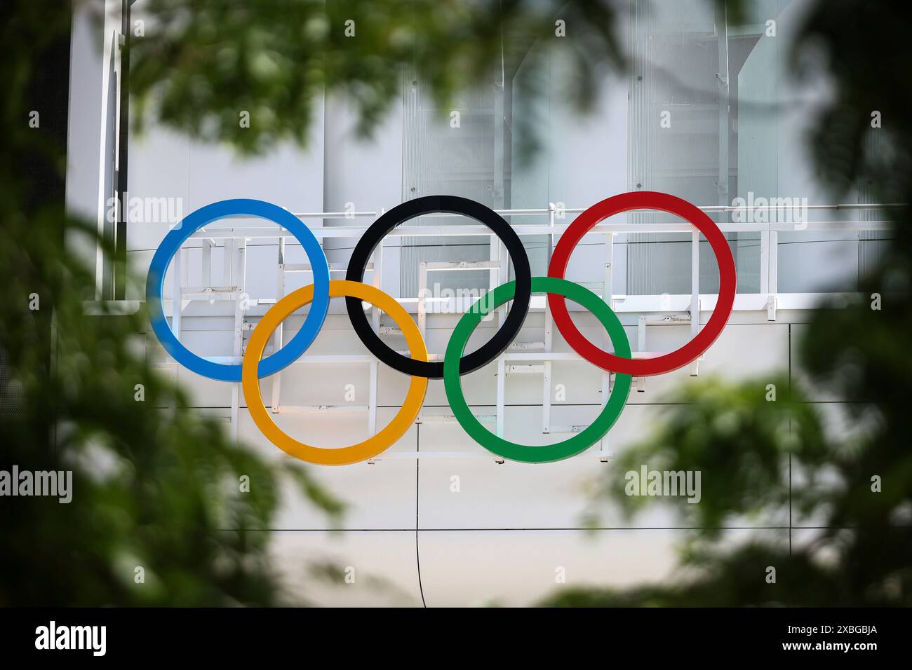 The Olympic rings are seen at the Paris La Defense Arena, Wednesday ...
