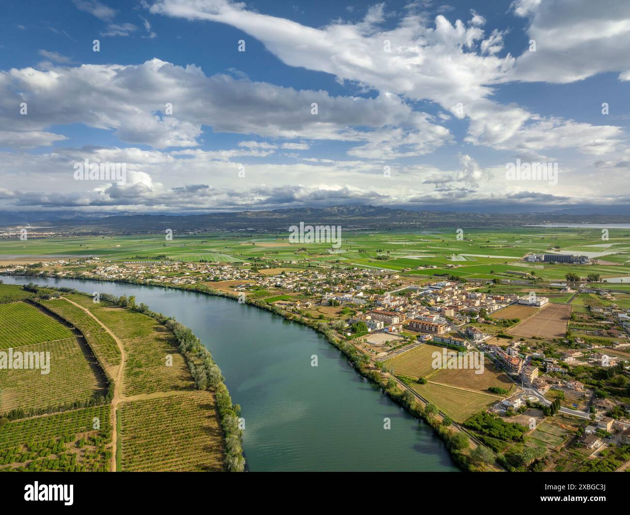 Aerial view of the village of Deltebre (Jesus i Maria) next to the Ebro ...