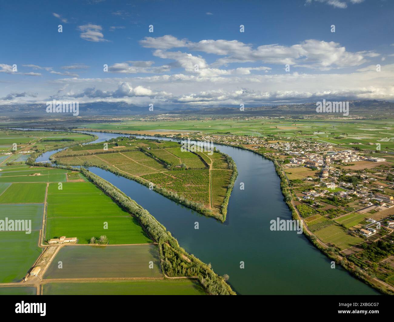 Aerial view of the Gràcia island and the Ebro River, in the Ebro Delta ...