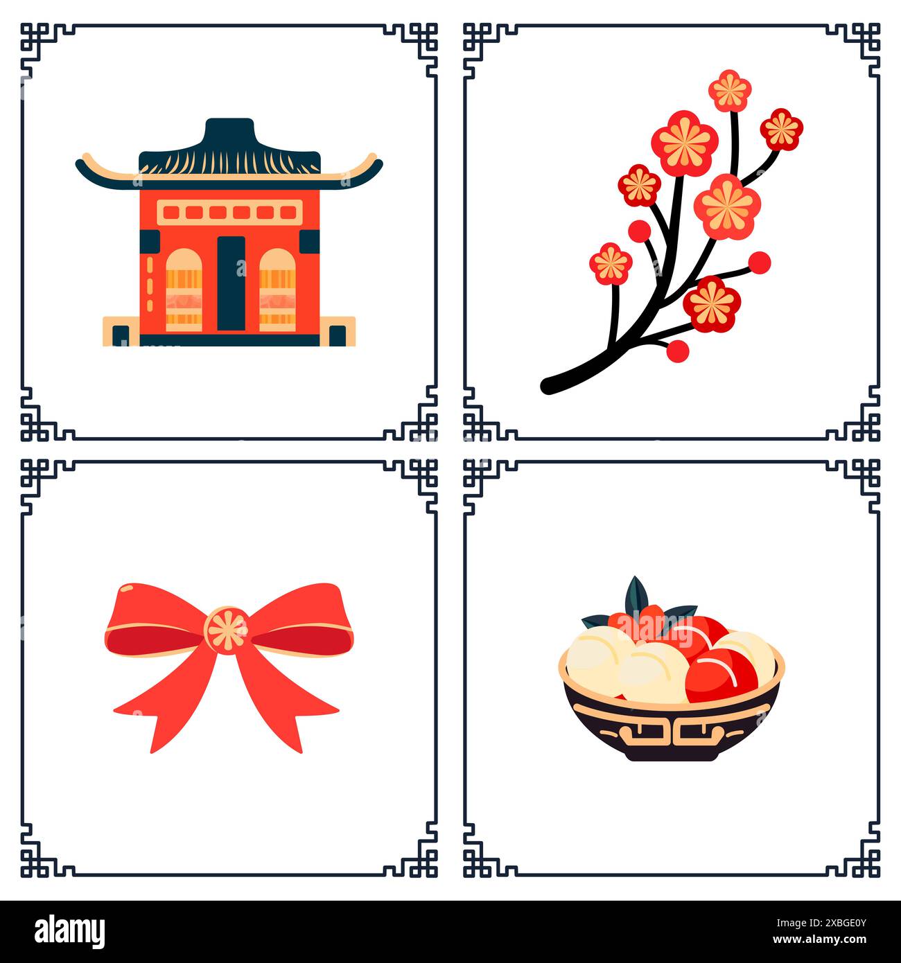 Vector illustration traditional asian symbols. Buddhist temple, sakura ...