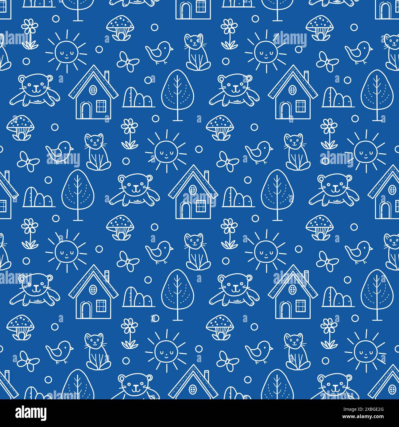 Vector kid seamless pattern Cute baby print with house, sun, tree ...