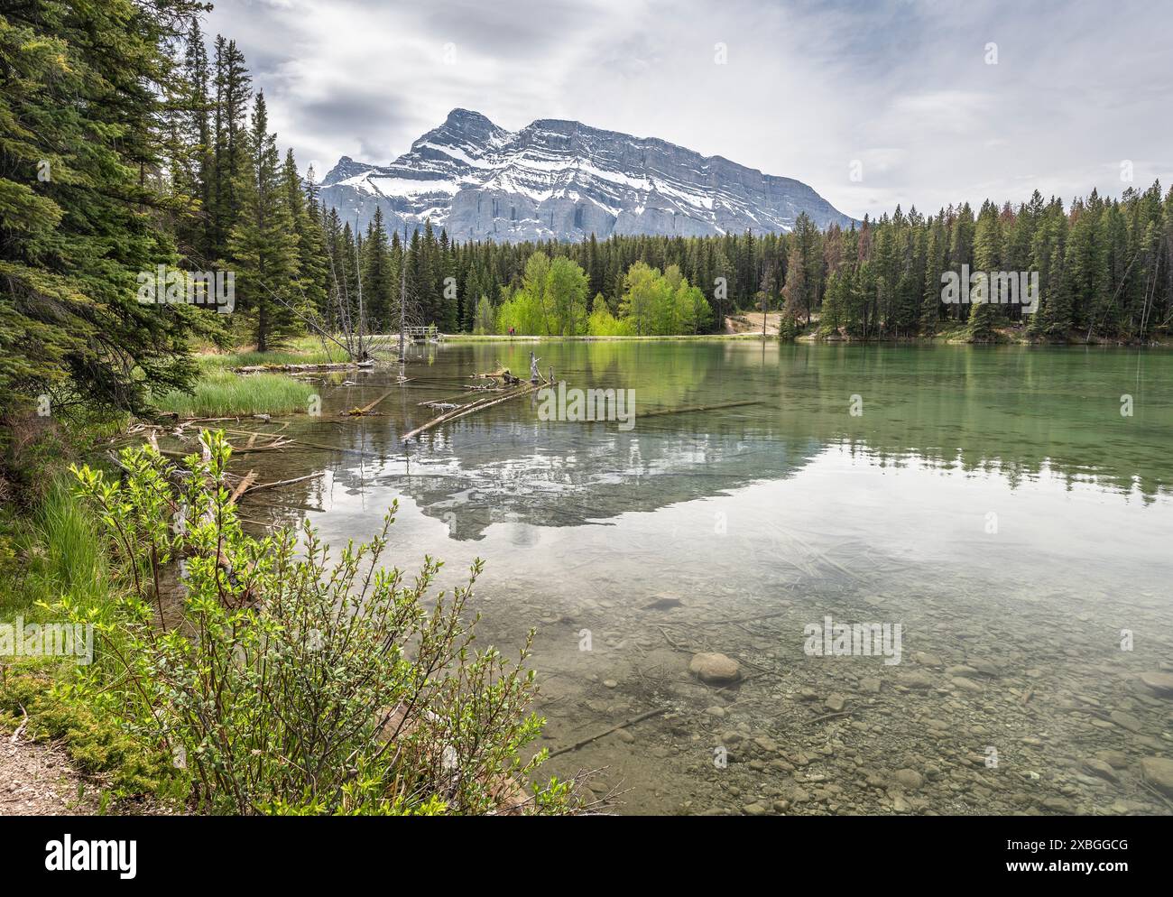 Mount Rundle reflected in Johnson Lake in Banff National Park, Alberta ...