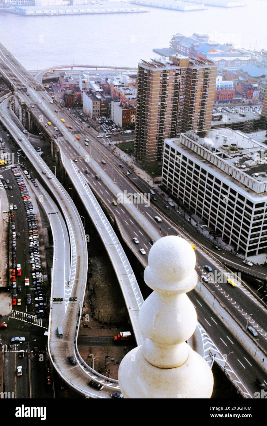 Overhead high view of entrance and exit ramps to Brooklyn Bridge, view ...
