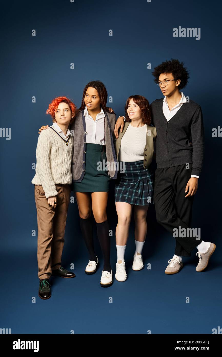 A group of diverse, stylish young friends, including a nonbinary person ...