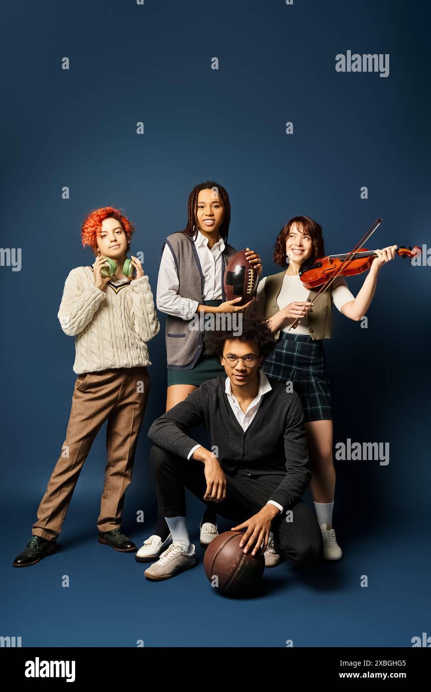 Group of young multicultural friends, posing stylishly with musical ...