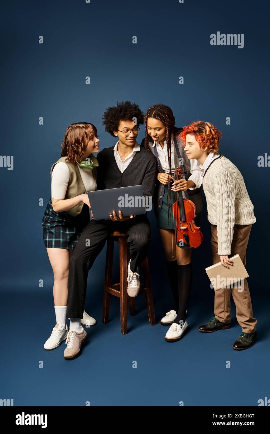 A diverse group of young friends, stand together in stylish attire on a ...