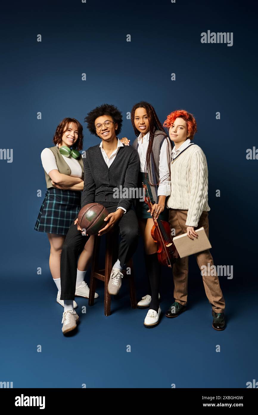 Multicultural friends, stand together in stylish attire against a dark ...