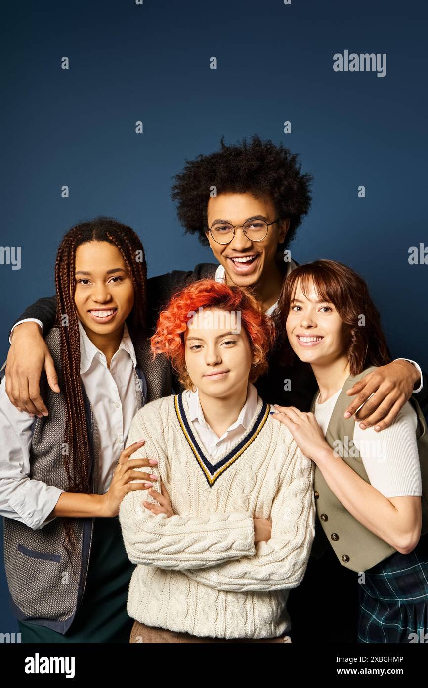 Multicultural friends, stand together in stylish attire on a dark blue ...