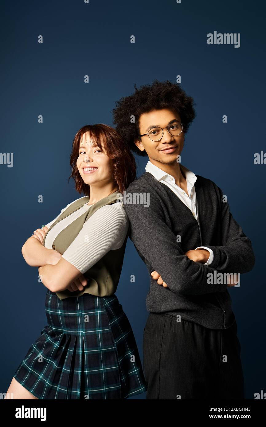 A young multicultural friends standing together in stylish attire on a ...