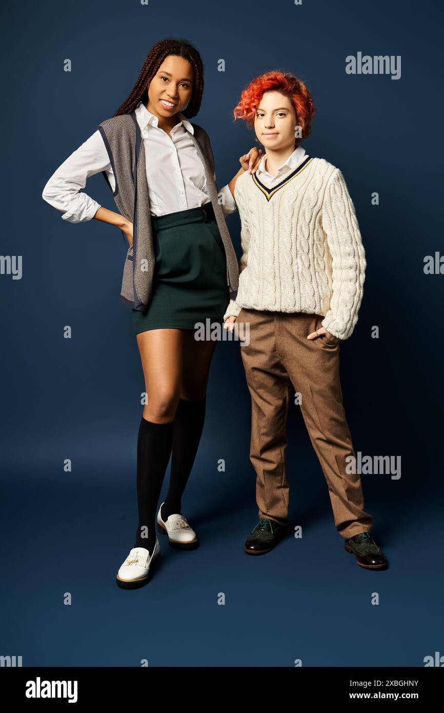 Multicultural young friends, stand together in stylish attire against a ...