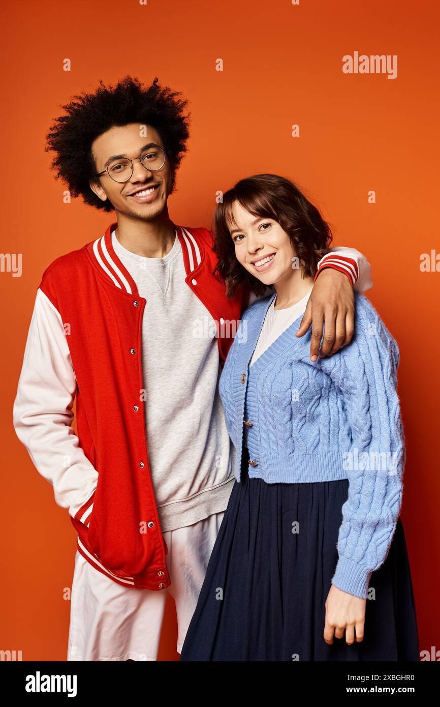 A nonbinary person and friends, multicultural and stylish, stand ...