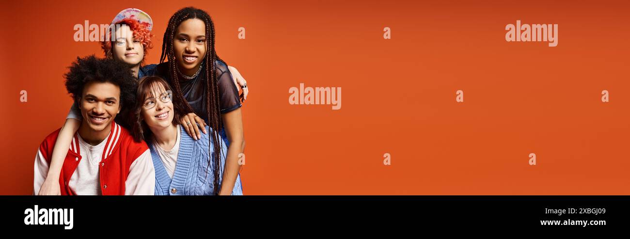 A group of young, multicultural friends in stylish attire, including a ...