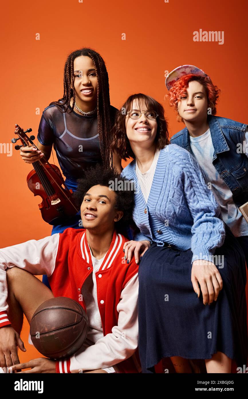 A diverse group of young friends, including a nonbinary person, pose ...