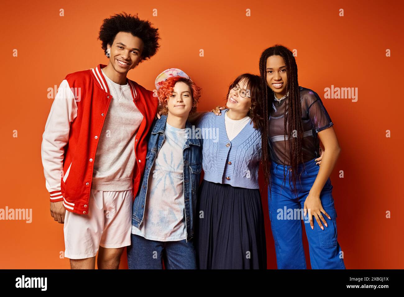 Multicultural friends, including a nonbinary individual, stand together ...