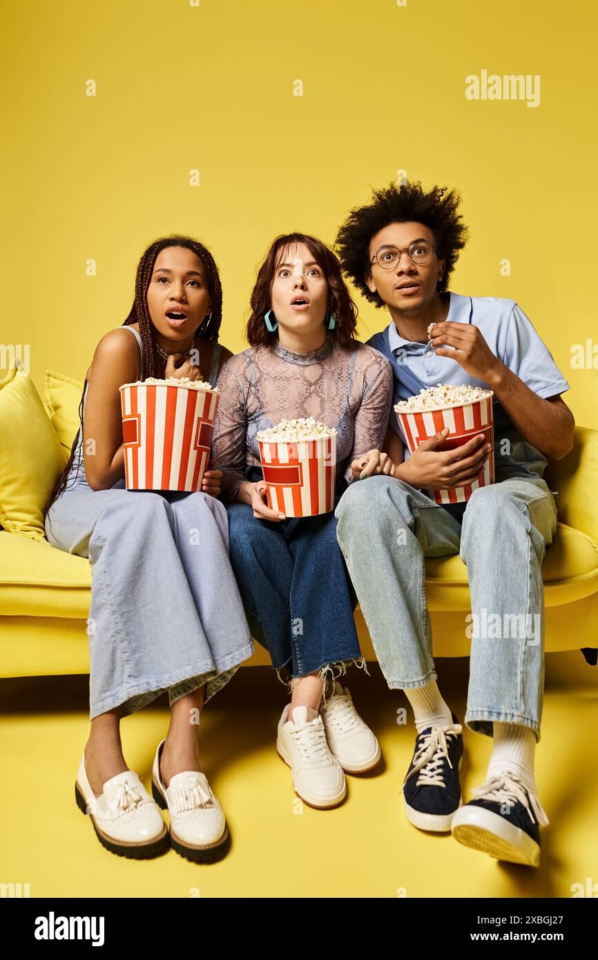 Three people of diverse backgrounds sit on a stylish couch, holding ...