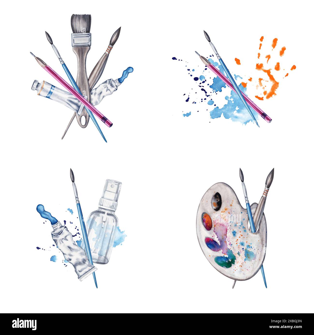 Flat lay compositions with artist palette, brushes, pencil, hand print ...