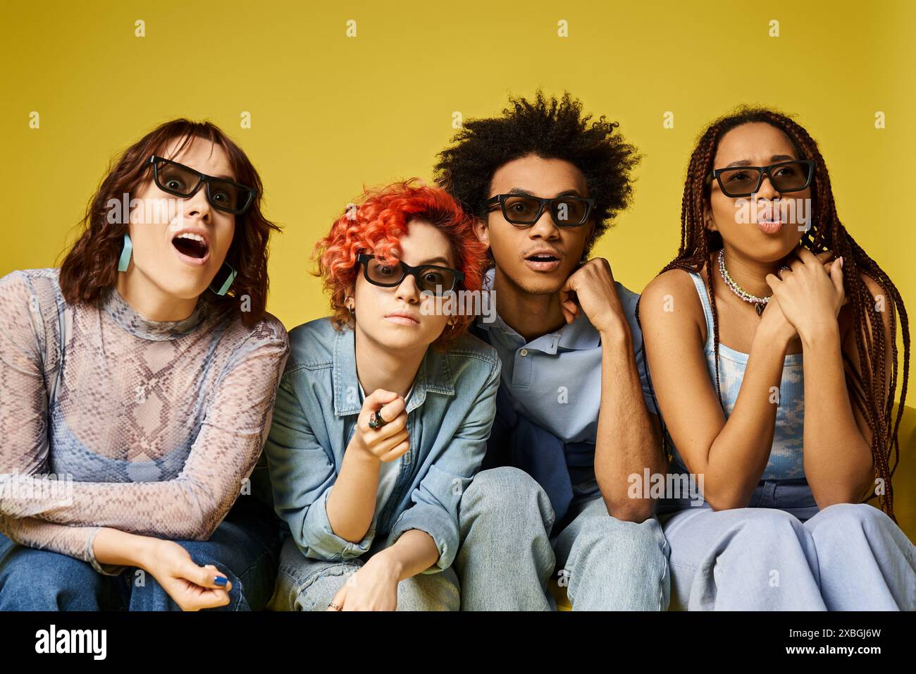 Multicultural group in sunglasses sitting together in stylish attire in ...