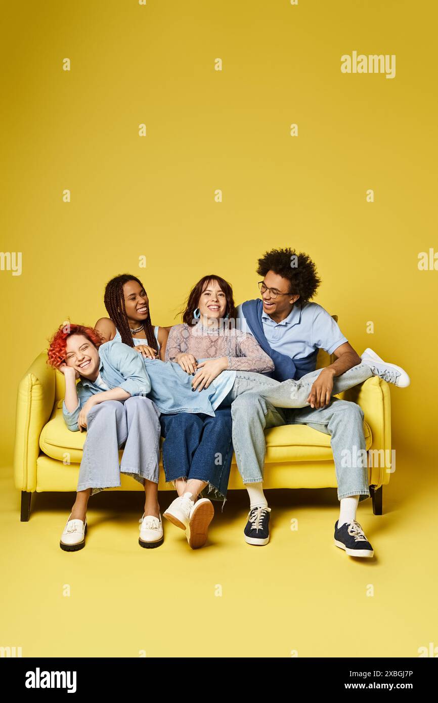 A diverse group of friends, including a nonbinary individual, casually ...