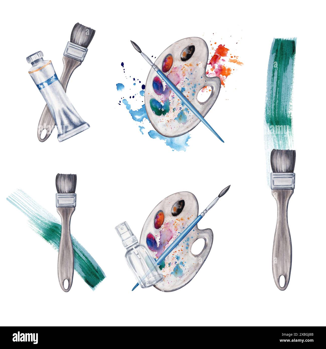 Flat lay compositions with artist palette, brushes, paint tubes and ...