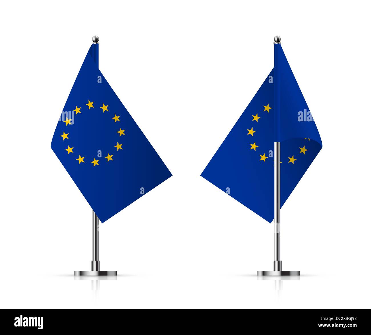 Flags of Euro on pole vector illustration. 3D realistic European Union ...