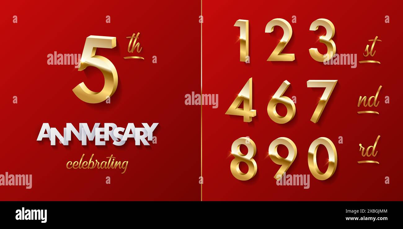 5 golden number and Anniversary Celebrating text with golden ribbons on ...