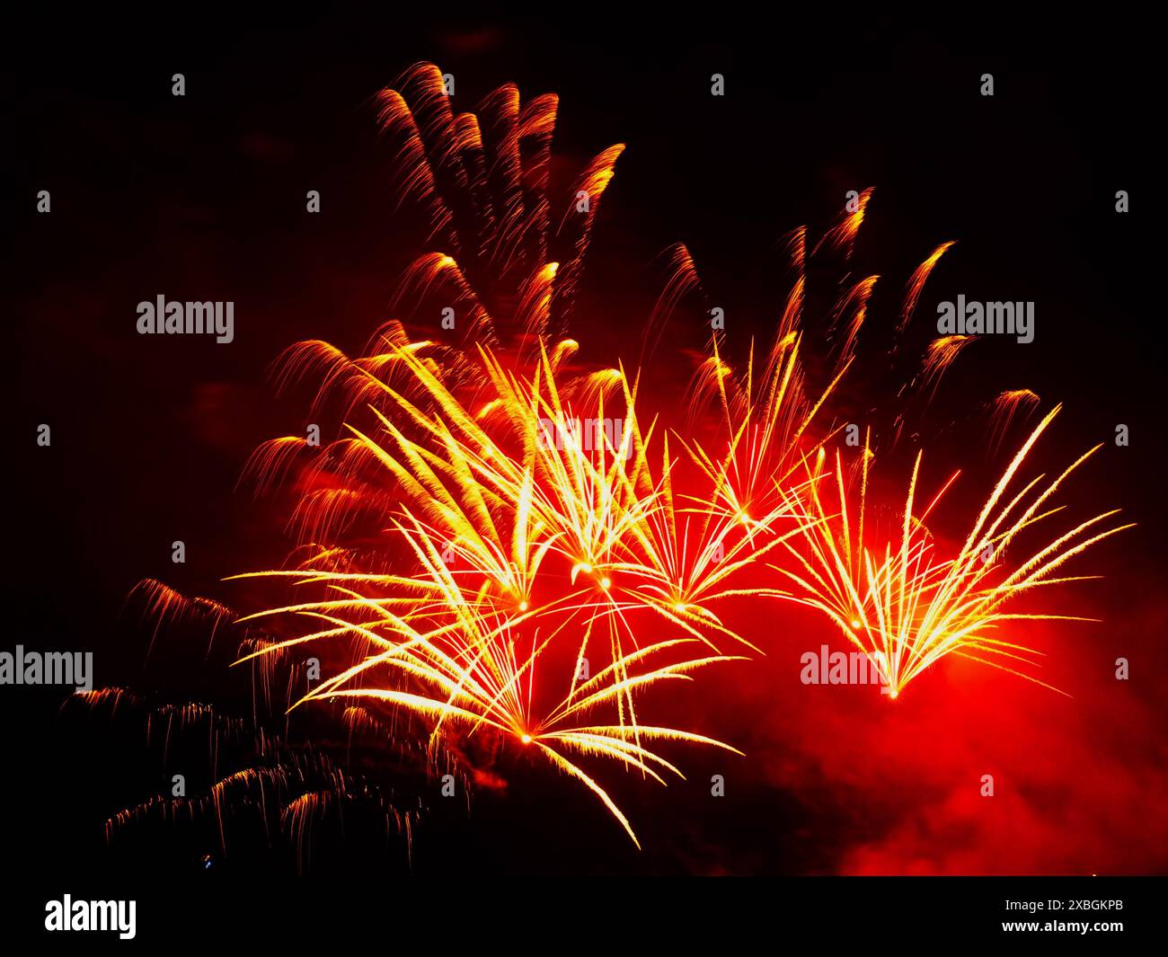 A vibrant display of fireworks lighting up the night sky with a red and ...