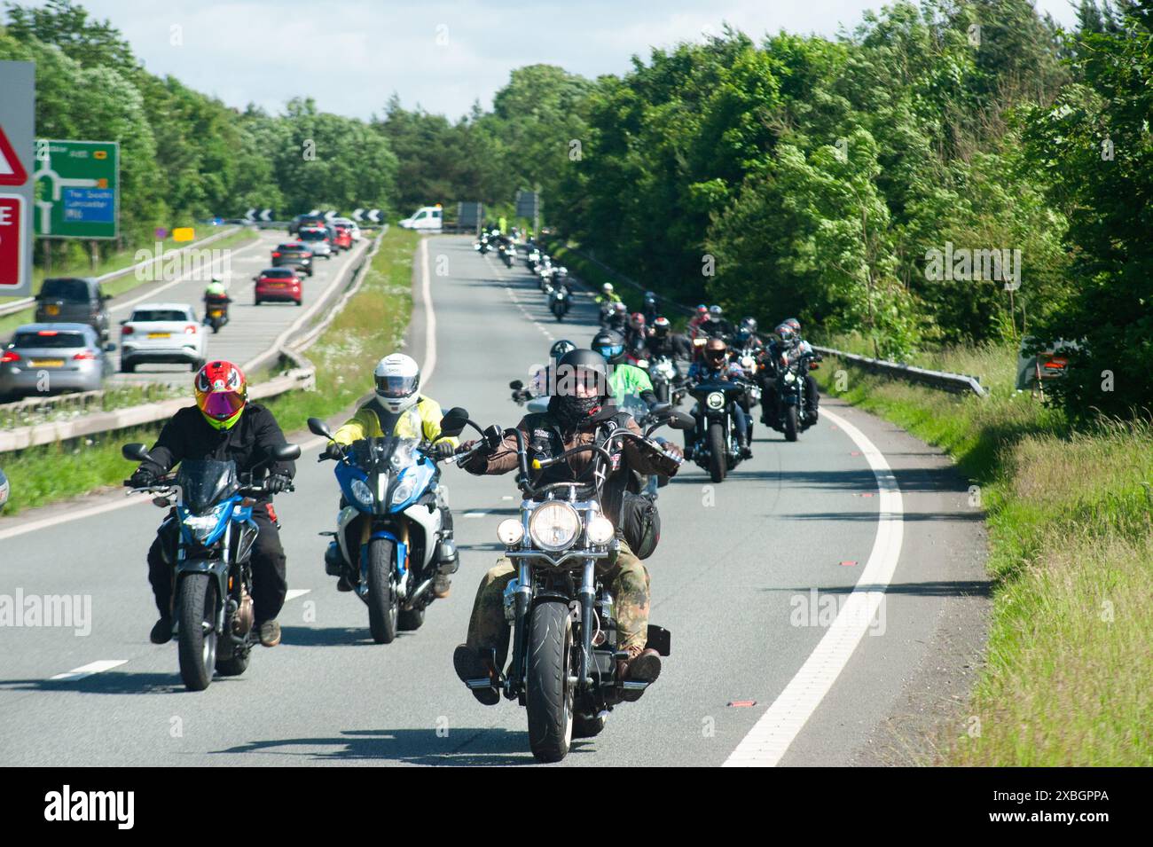 Motorcycles in Convoy on the memorial ride for Hairy Biker Dave Myers ...