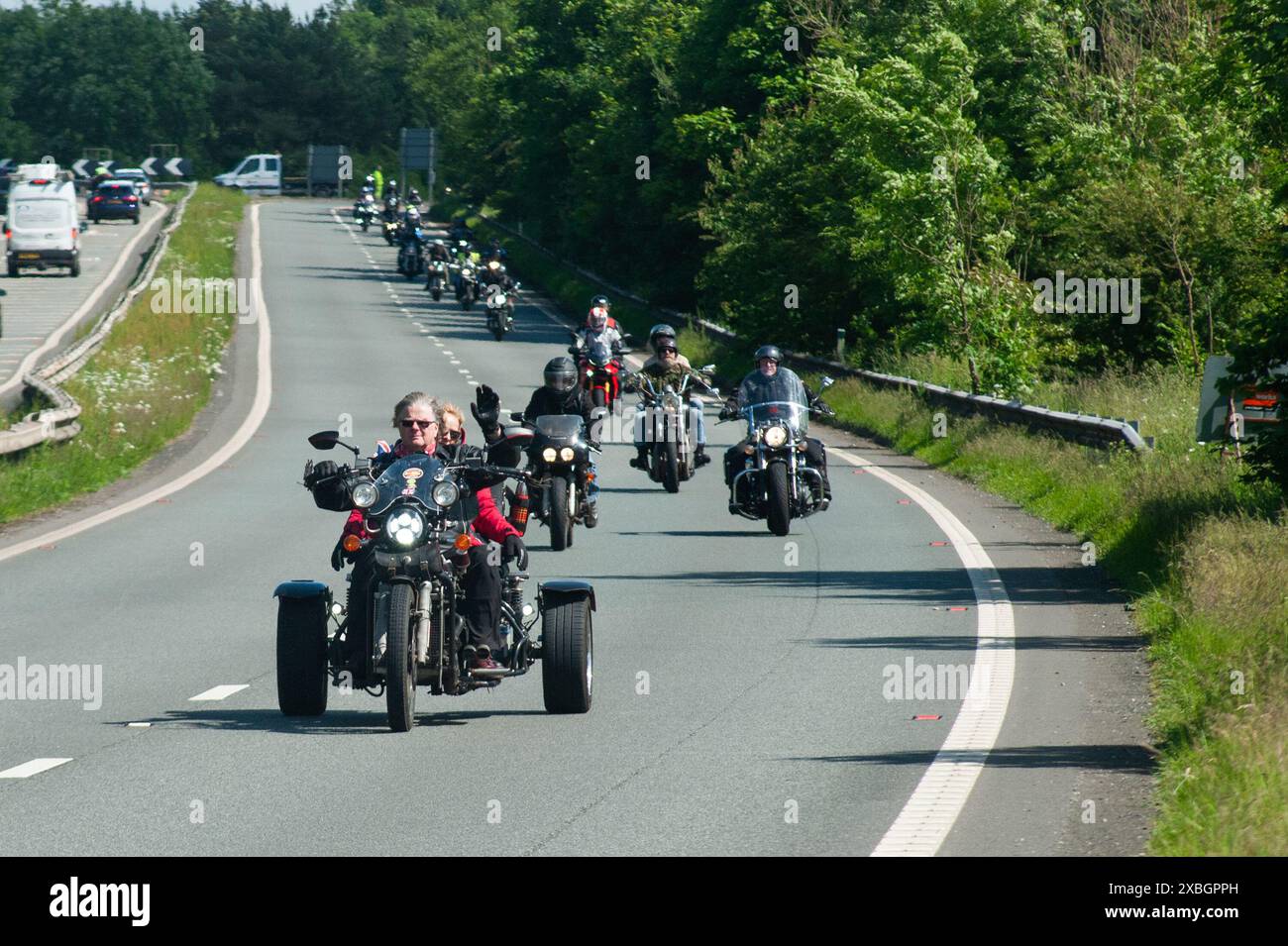 Motorcycles in Convoy on the memorial ride for Hairy Biker Dave Myers ...
