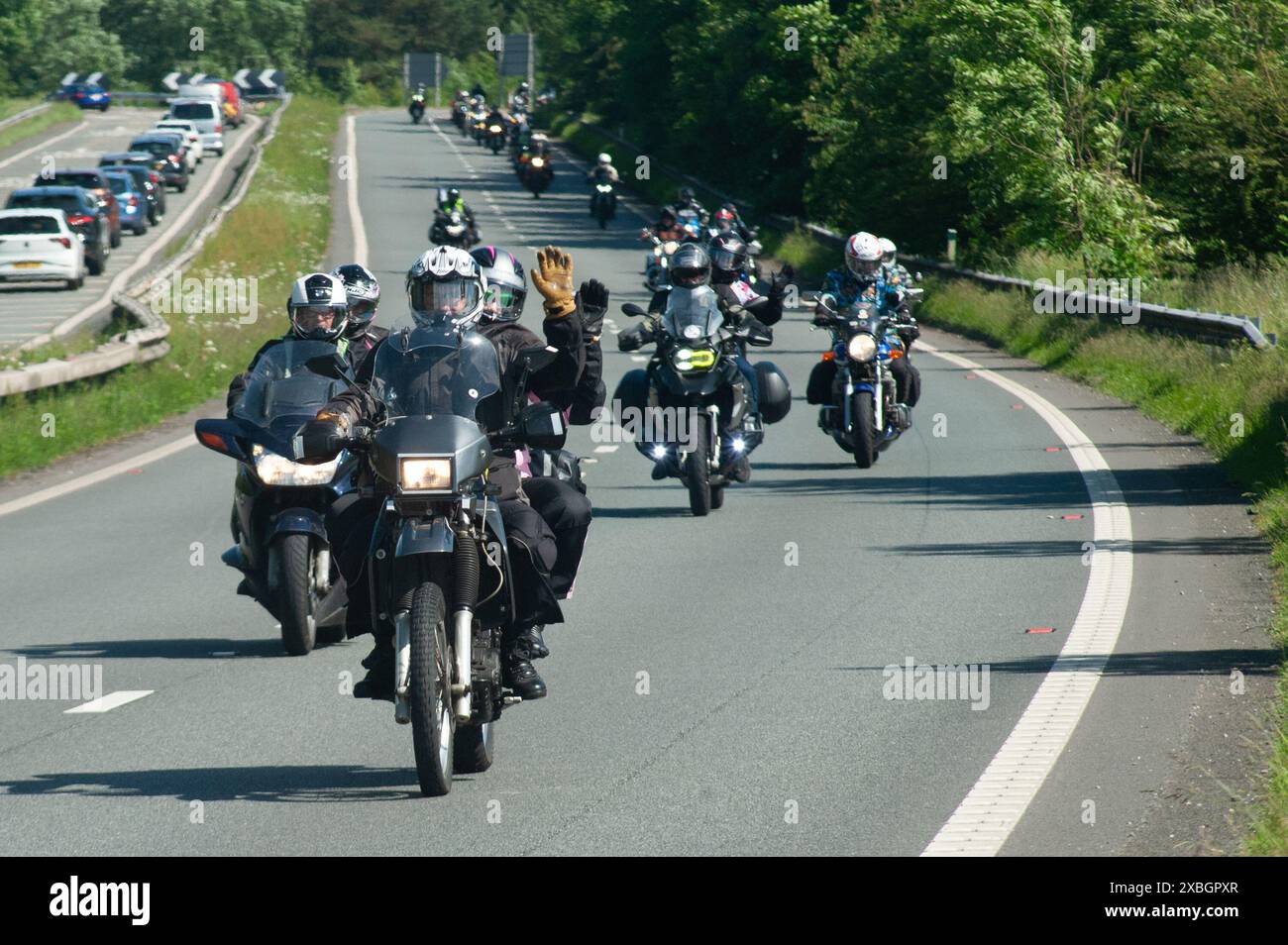 Motorcycles in Convoy on the memorial ride for Hairy Biker Dave Myers ...