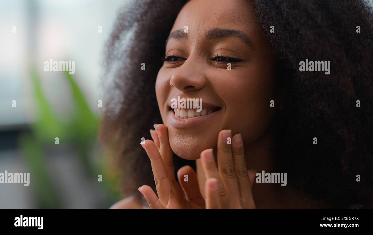 Happy smiling girl female moisturized smooth healthy good skin tone ...