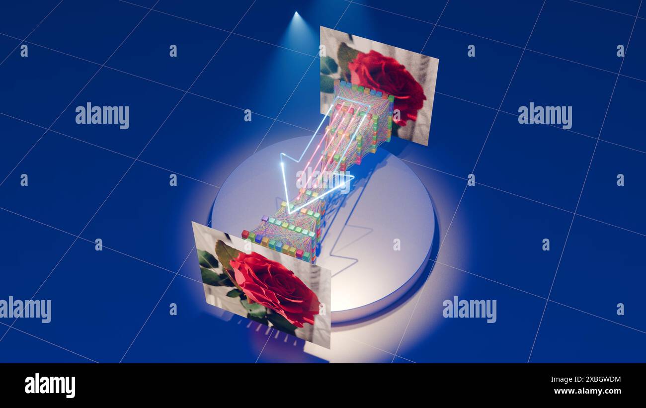 Visualization Of Autoencoder For Image Denoising From Noisy Input To Clean Output 3d Rendering