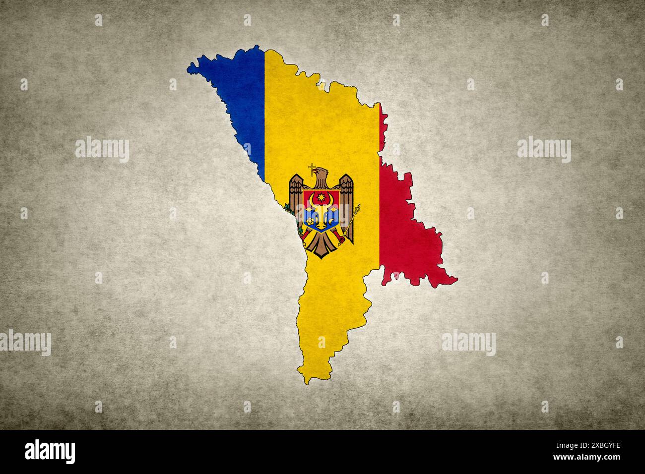 Grunge map of Moldova with its flag printed within its border on an old ...