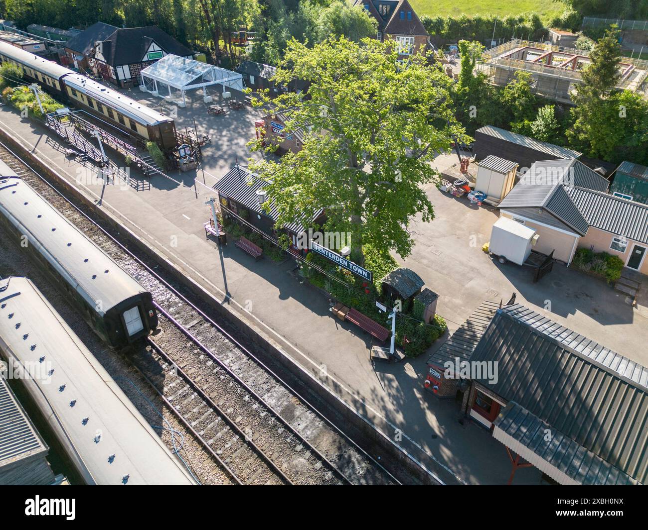aerial view of tenterden town railway station platform on the kent and ...