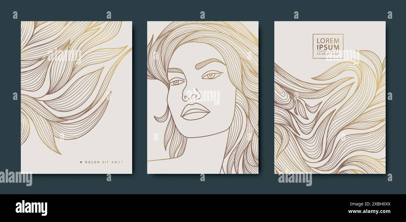 Vector set of woman line art covers, golden beauty design portrait with ...