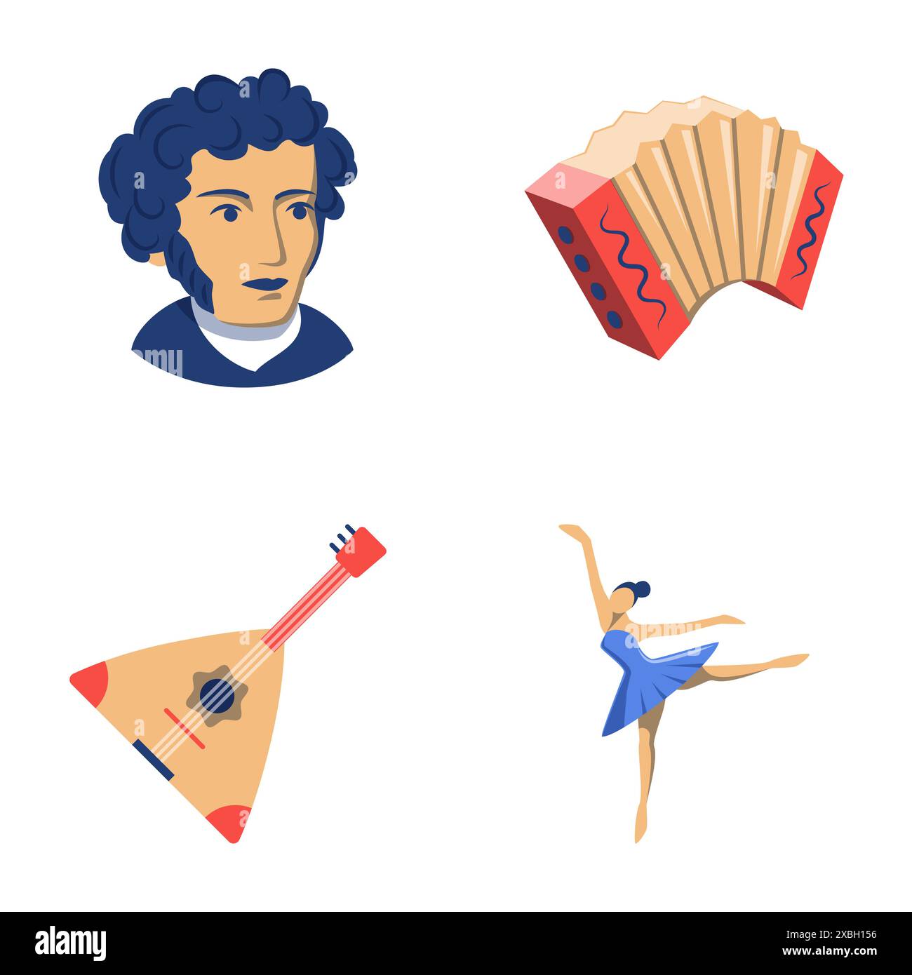 Russian culture national symbols flat icon set. Music instruments ...