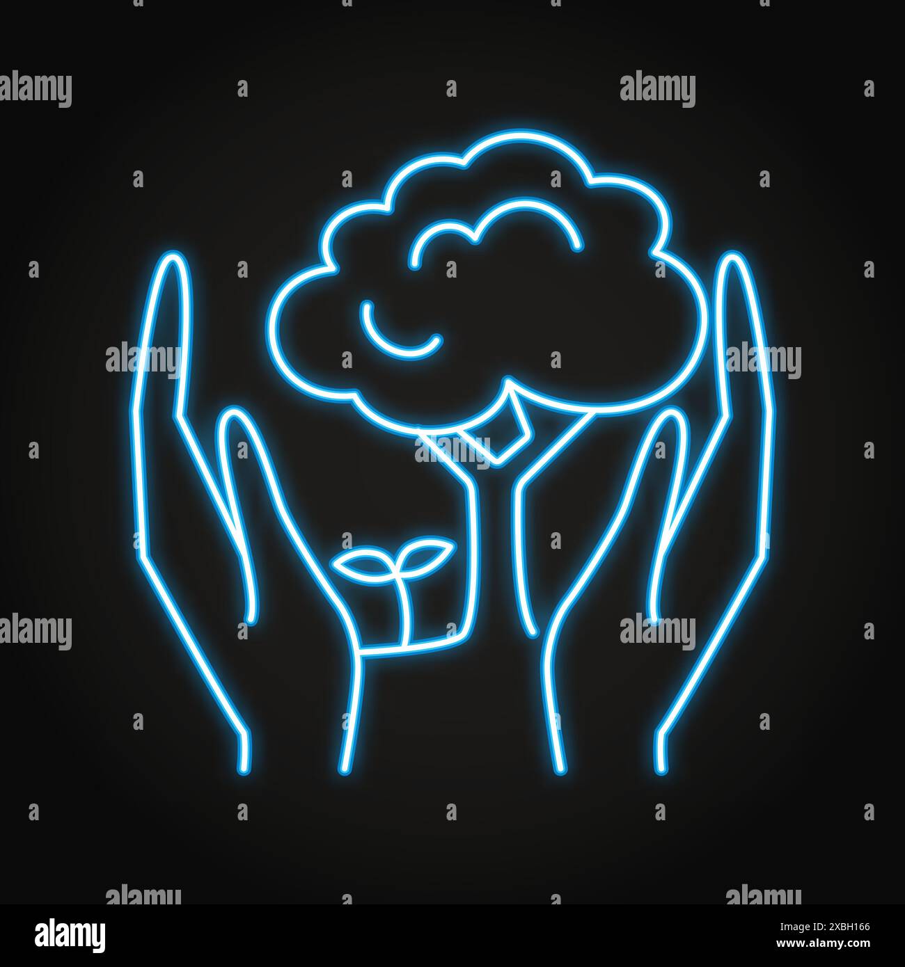 Nature conservation and rewilding neon icon. Hands holding and ...