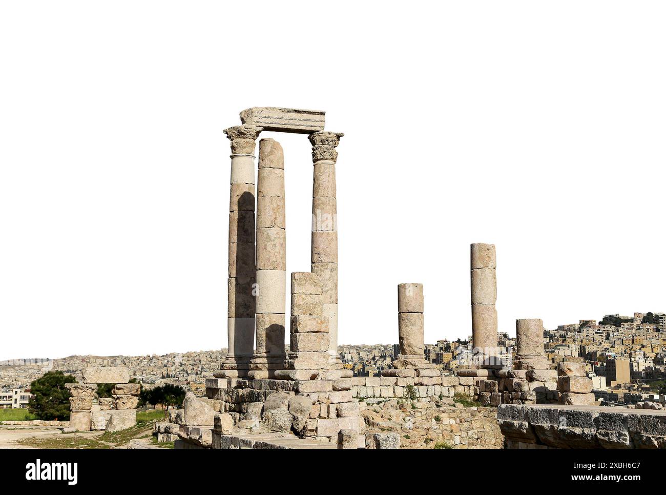 Amman city landmarks-- old roman Citadel Hill, Jordan. Carved, on white ...