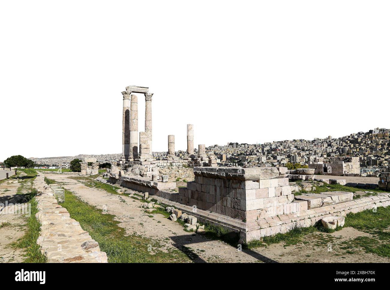 Amman city landmarks-- old roman Citadel Hill, Jordan. Carved, on white ...