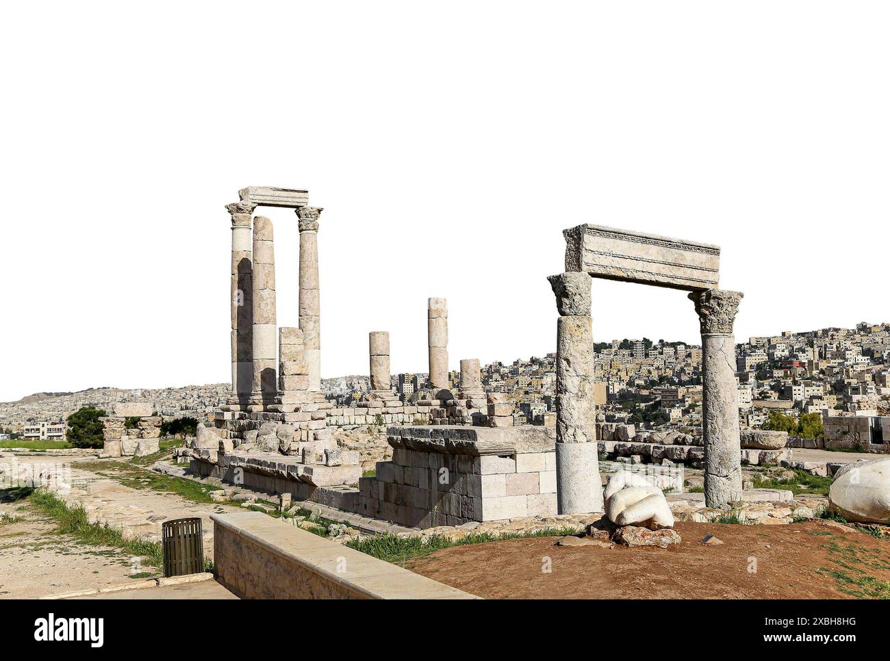 Amman city landmarks-- old roman Citadel Hill, Jordan. Carved, on white ...
